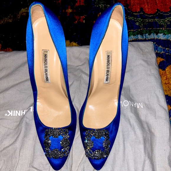 Manolo Blahnik | Shoes | Manolo Blahnik Hangisi Blue Satin Jewel Heels ...